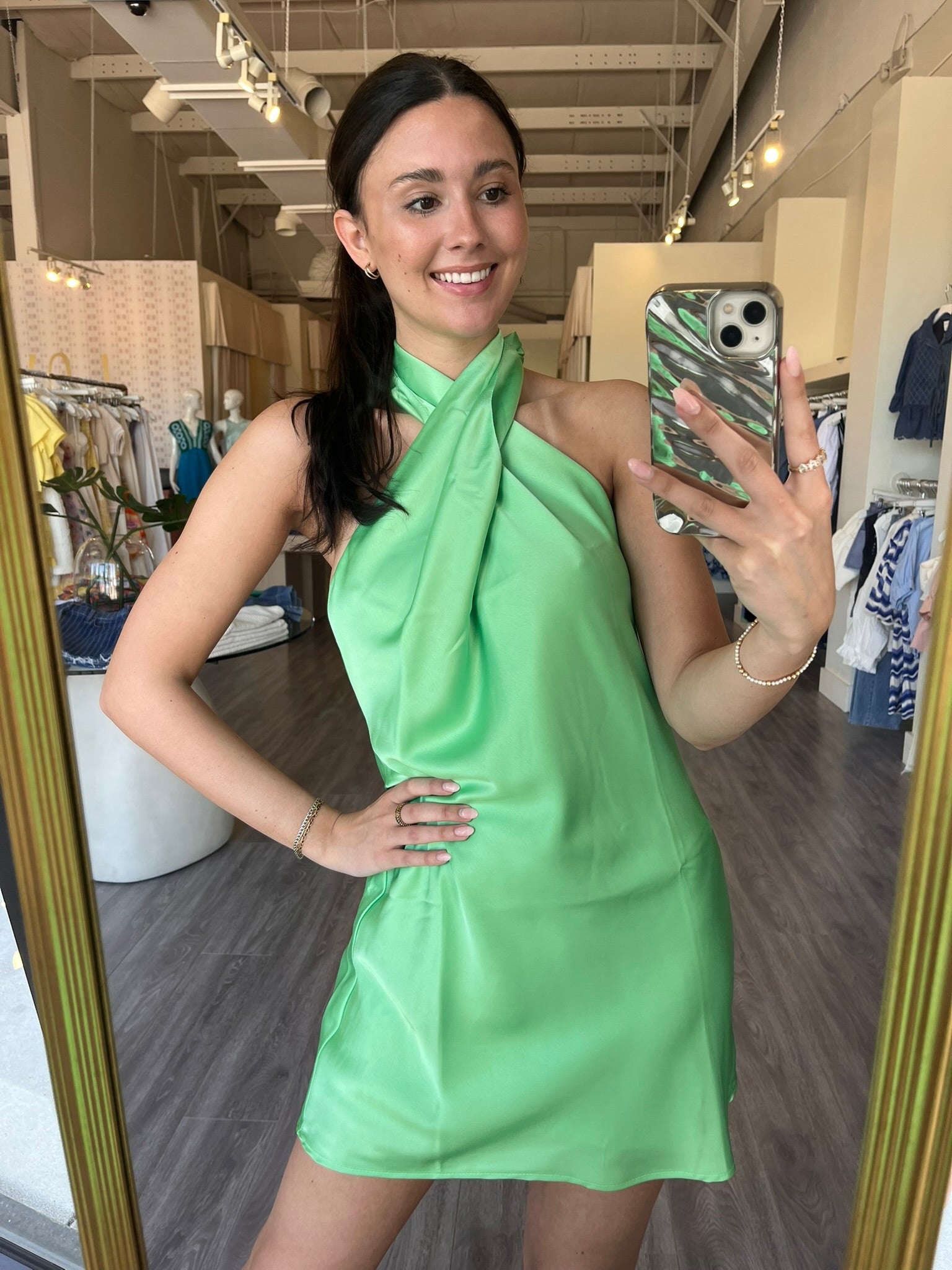 MU5856 Lime Green Tie Neck Backless Silk Mini – Love Boutique Baton Rouge